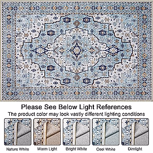 Washable Rug Living Room Rugs: 8x10 Area Rug Large Boho Medallion Distressed Carpets Indoor Soft Floor Anti Slip Carpet for Under Dining Table Bedroom Farmhouse Home Office - Cyan Blue/Beige