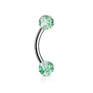 Forbidden Body Jewelry 16g 8mm Daith Earring, Eyebrow Ring and Rook Piercing, Surgical Steel, Green Glitter End Balls