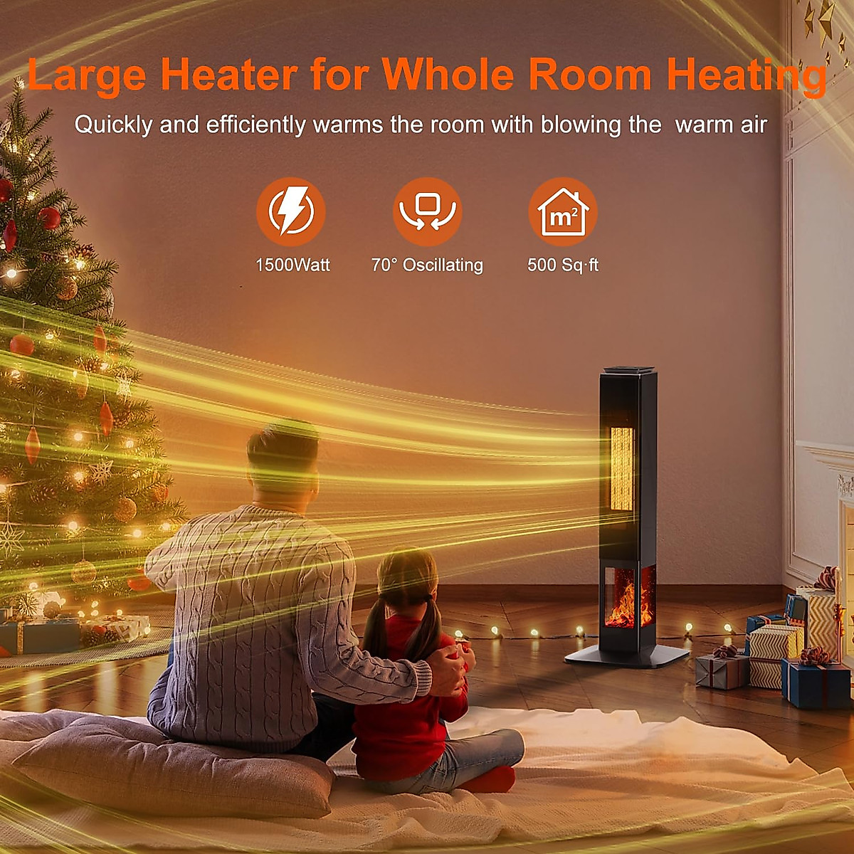 Uthfy 32” Space Heater for Large Room,Electric Fireplace Heaters for Indoor Use,1500W Ceramic Room Heater for Bedroom,Tower Heater with Thermostat,Remote,Oscillating,Timer,Overheating&Tip-over Safe