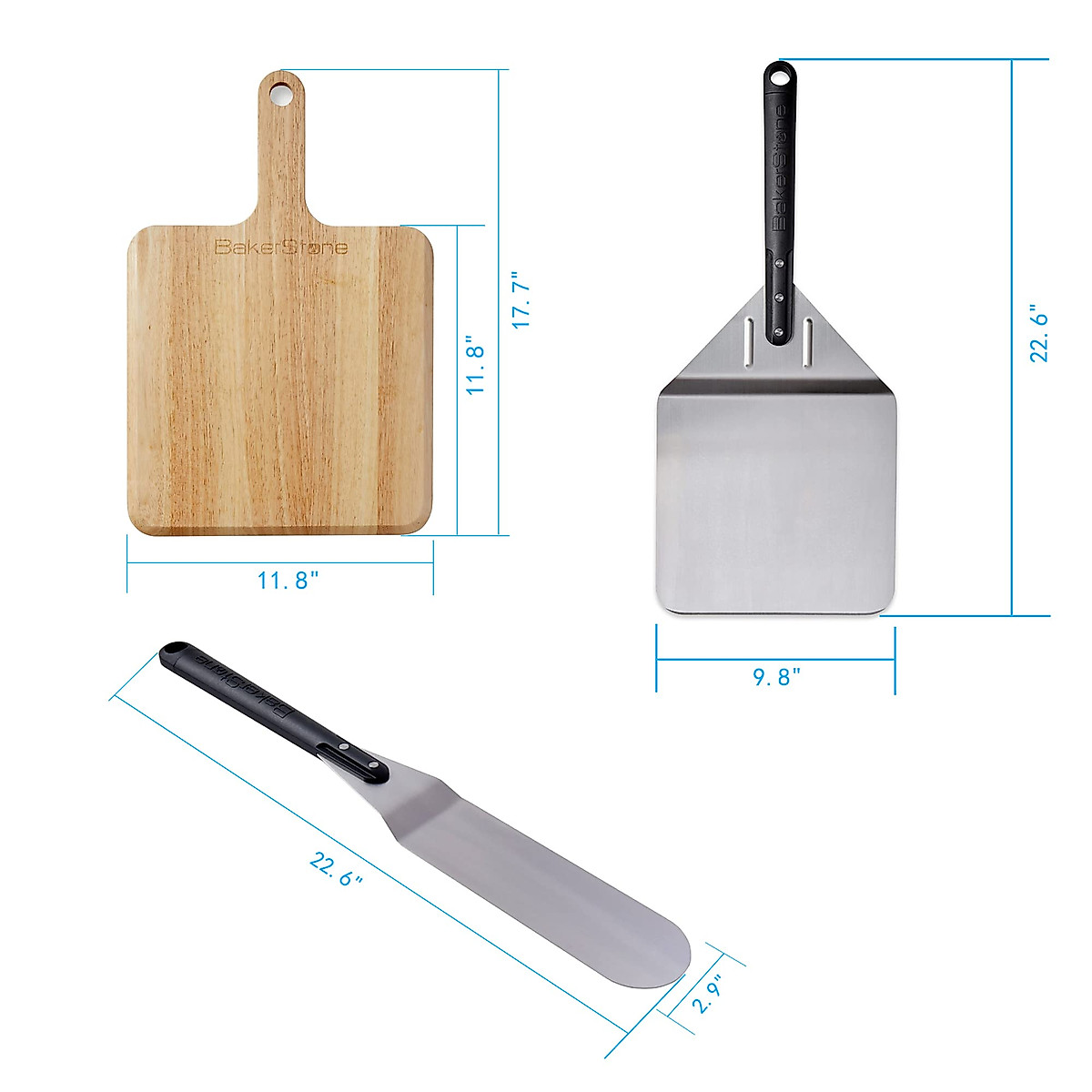 BakerStone Pizza Peel Kit Set of 3, Wood Pizza Paddle, Stainless Steel Pizza Peel and Pizza Turning Peel Turner