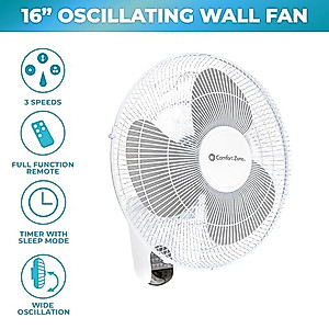 Comfort Zone 16" Quiet 3-Speed Wall Mount Fan with Remote Control, Timer and Adjustable Tilt, Ideal for Home, Bedroom, Gym & Office, CZ16WR