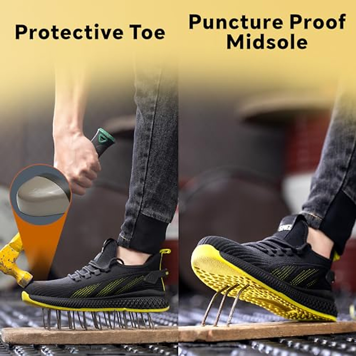 SPIEZ Safety Shoes for Men, Women 116 (Men Size 11, Black/Yellow