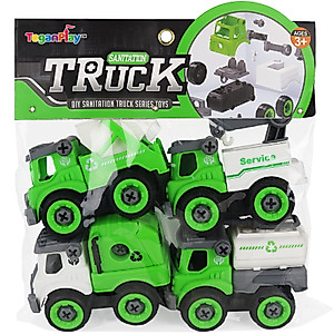 TeganPlay Take Apart Toys for 3 Year Old Boys | 4 Trucks Garbage - Sanitation Series with Screwdriver | Toddler Stem Kids Building Toy