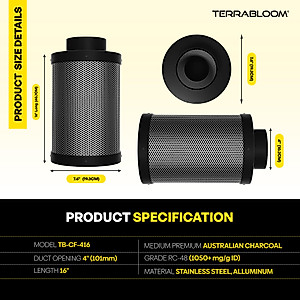 TerraBloom 4" x 16" Carbon Filter for Grow Tent - 46mm Charcoal Carbon Air Filter - Maximize Airflow with 350 CFM - Premium Carbon Air Filter & Charcoal Filter for Homes & Commercial Applications