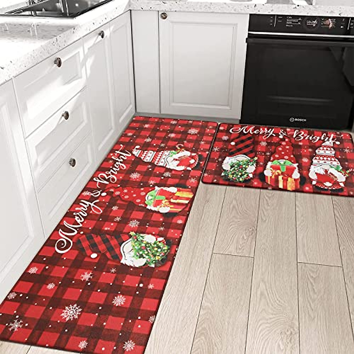 Pauwer Christmas Gnome Kitchen Rugs Set of 2, Farmhouse Red Buffalo Plaid Kitchen Floor Mat, Non Slip Anti Fatigue Kitchen Mats for Floor, Cushioned Kitchen Rug Set Christmas Winter Holiday Decoration