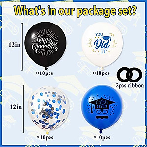 Graduation Balloons Blue 2023 40pcs 12 Inch Royal Blue White Black Confetti Latex Helium Congrats Grad Balloons for Grad Party Decorations Supplies