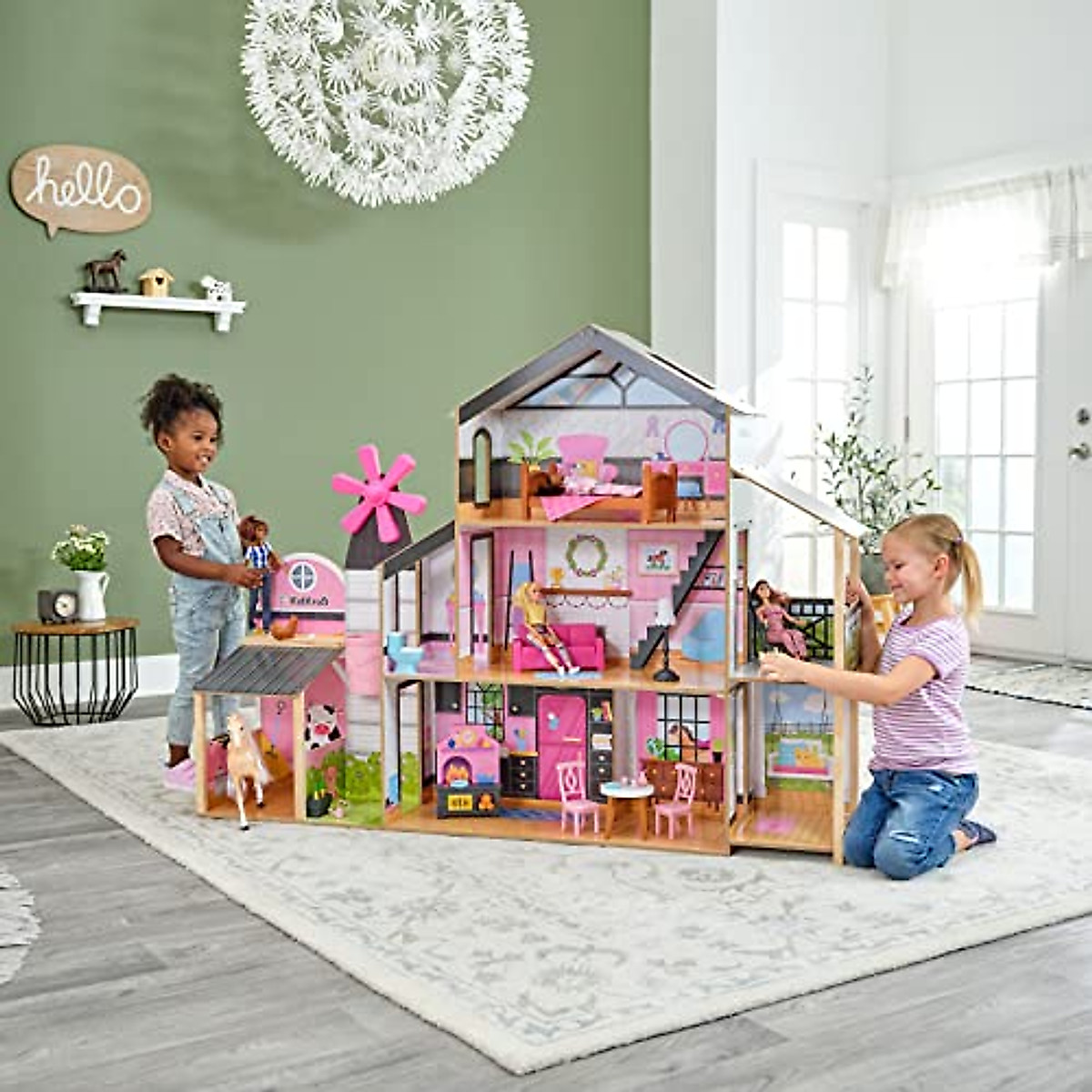 KidKraft Windmill Elevator 2-in-1 Wooden Barn & Dollhouse with Horse and Lights & Sounds, Over 3 Feet Tall, Pink