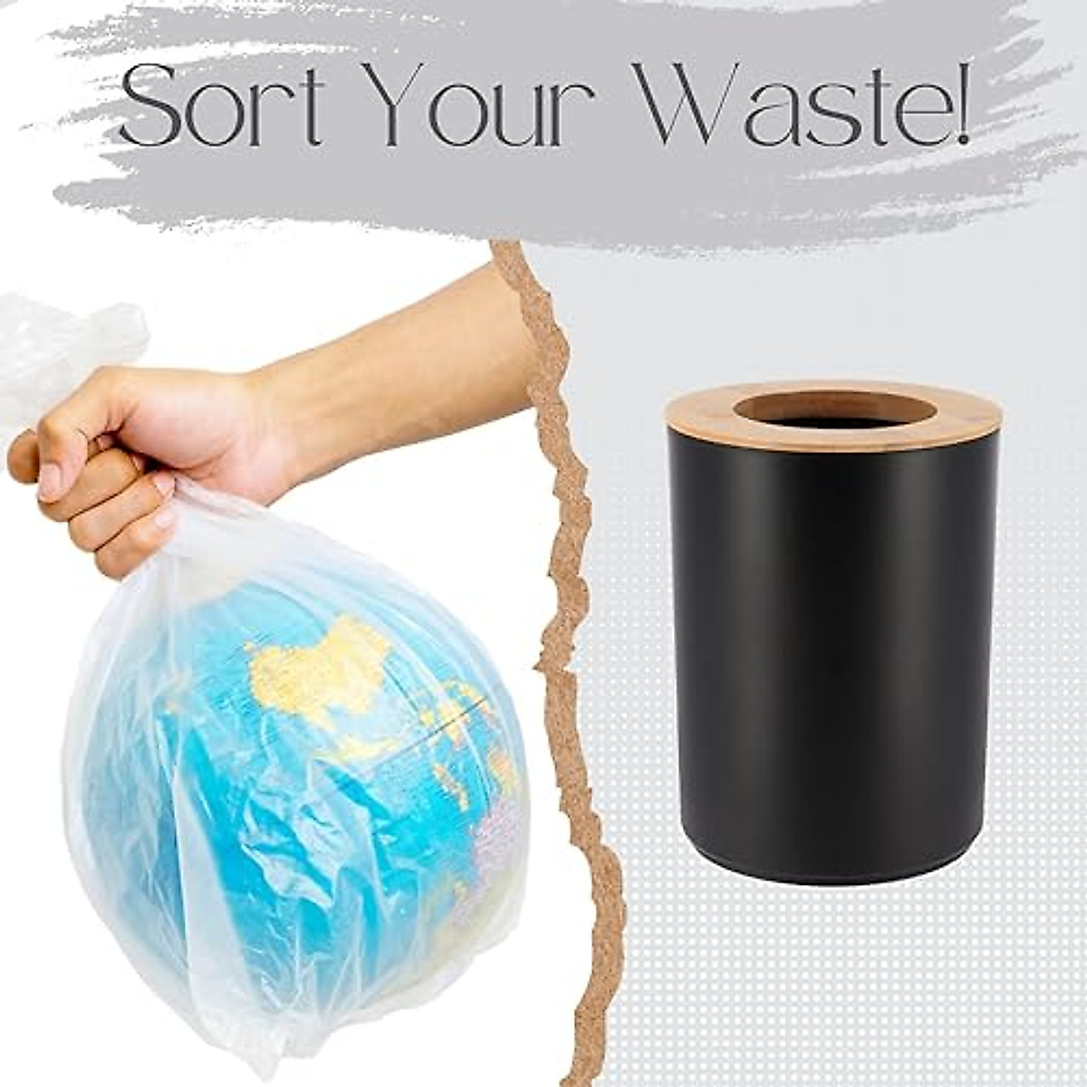 Evideco French Home Goods Black Bathroom Trash Can Padang Bamboo Top 1.3 Gal - Stylish and Sustainable 5L Waste Solution