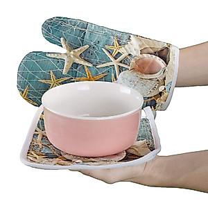 Set of Oven Mitt and Pot Holder, Beach Coastal Starfish Seashel Oven Gloves Heat Resistance Non-Slip Surface for Kitchen BBQ Cooking Baking Grilling, Blue Accent