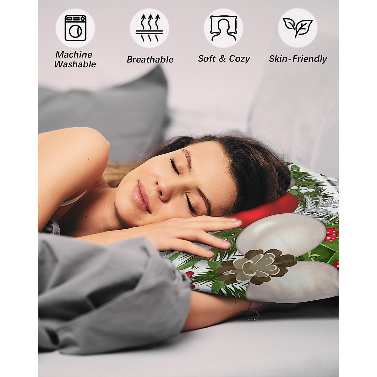 Hokiten Standard Size Pillow Cases Set of 2 - Christmas Balls, Microfiber Soft Pillowcases with Envelop Closure, Black White Buffalo Pine Cones Berries Lumbar Pillow Cover for Sofa/Couch, 20x26 Inches