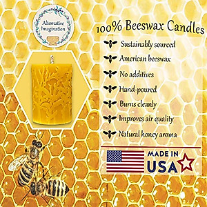 Alternative Imagination 100% Pure Beeswax Pillar Candle (3x4 Inch), 40 Hour, Wild Meadow Design, Hand-Poured, Made in USA