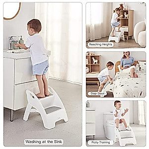 Step Stool for Kids, Toddler Step Stool for Bathroom Sink and Potty Training, Foldable and Integral Kitchen Helper 2-Step Stool with Handles and Slip-Resistant Soft Grips (Grey)
