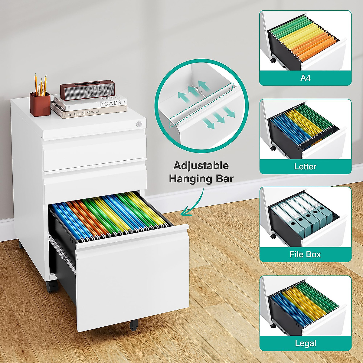 3 Drawer File Cabinet with Lock,Under Desk File Cabinet with Wheels,White Rolling File Cabinet,Three Drawer Metal Filing Cabinet for Home Office,Fit A4/Letter/Legal File,Fully Assembled Except Casters