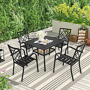 SUNCROWN 5-Piece Outdoor Wrought Iron Chairs and Table Patio Dining Furniture Set - 4 Stackable Metal Chairs, 1 Steel Slat Bistro Table for Garden Backyard Deck