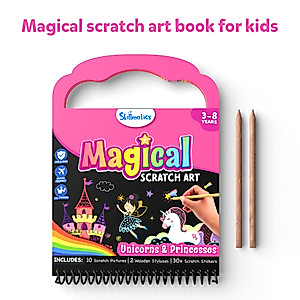 Skillmatics Scratch Art Book for Kids - Unicorns & Princesses, Craft Kits & Supplies, 30+ Scratch Stickers, Travel Toys, DIY Kit, Gifts for Girls & Boys Ages 3, 4, 5, 6, 7, 8