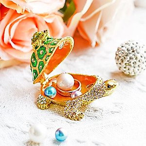 YU FENG Crystals Bejeweled Turtle Trinket Box Hinged Enameled Mother-Child Tortoise Animal Figurine Jewelry Ring Holder Box