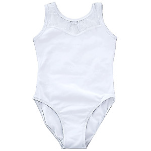 Aslana Lace Tank Leotard, Short & Long Sleeve Leotard for Girls kids Ballet Dance Gymnastics Costume (Medium, White)