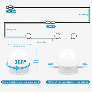 LED Vanity Lights for Mirror, Vanity Lights Stick on with 10 Dimmable Bulbs, 3000K 4000K 6500K & 10 Level Brightness Adjustable, USB Cable, Hollywood Mirror Lights for Makeup Dressing Room Bathroom