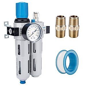 NANPU 1/4" NPT High Pressure Compressed Air Filter Regulator Lubricator Combo Water/Oil Trap Separator - Gauge(0-230 psi), Poly Bowl, Semi-Auto Drain, Bracket - 3 in 1 Two Unit