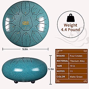 FOUR UNCLES Steel Tongue Drum 10 Inch 11 Notes Hand Pan Drums with Travel Bag Sticks Music Book Mallets, D Major Musical Instruments for Entertainment Meditation Yoga Zen Gifts (Malachite)