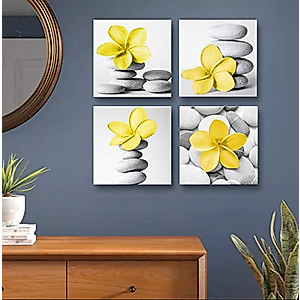 Genius Decor-Modern Bathroom Yellow Gray Wall Art Picture Flowers and Pebble Stone Canvas Print Wall Decor Set 4(Yellow)