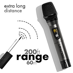 Wireless Microphone by Dolphin, MCX10 Portable Handheld Cordless Karaoke Microphone for Speakers with Transmitter, Silicon Ring, and Batteries