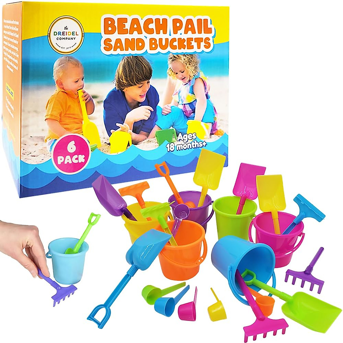 The Dreidel Company Mini Beach Playsets, Play Set Includes 1 Sand Bucket, 1 Shovel, 1 Rake, and 1 Scoop, Birthday Treats for Boys and Girls, Party Favors for Kids and Toddlers (6-Pack)
