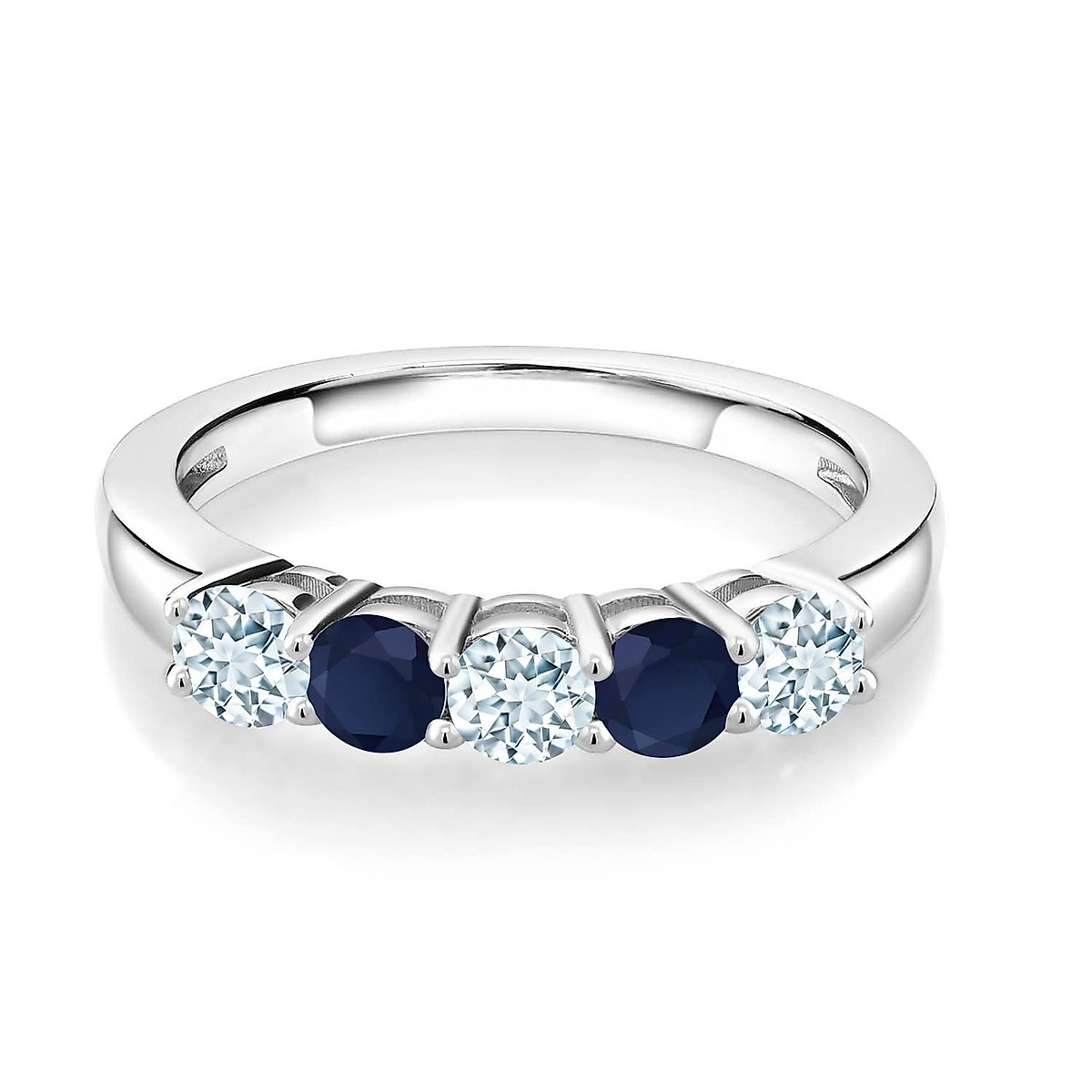 Gem Stone King 925 Sterling Silver Sky Blue Aquamarine & Blue Sapphire Wedding Band Ring For Women (1.01 Cttw, Round 3.5MM, Gemstone Birthstone, Available In Size 5-9)