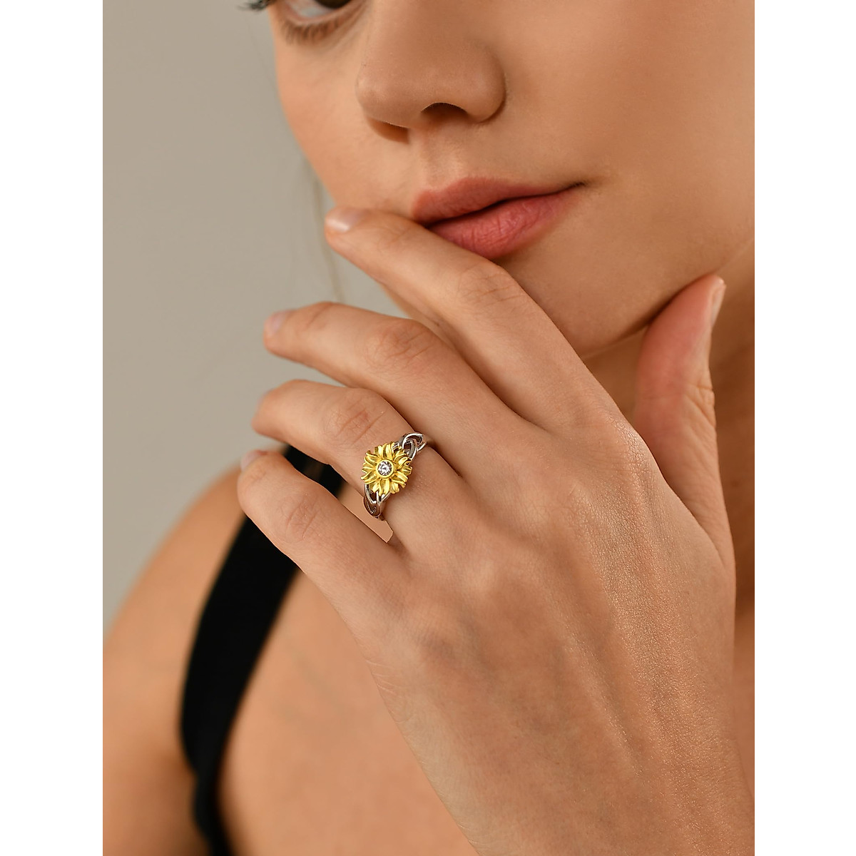 YL Sunflower Rings 925 Sterling Silver Cubic Zirconia Flower Leverback Jewelry for Women-size 7