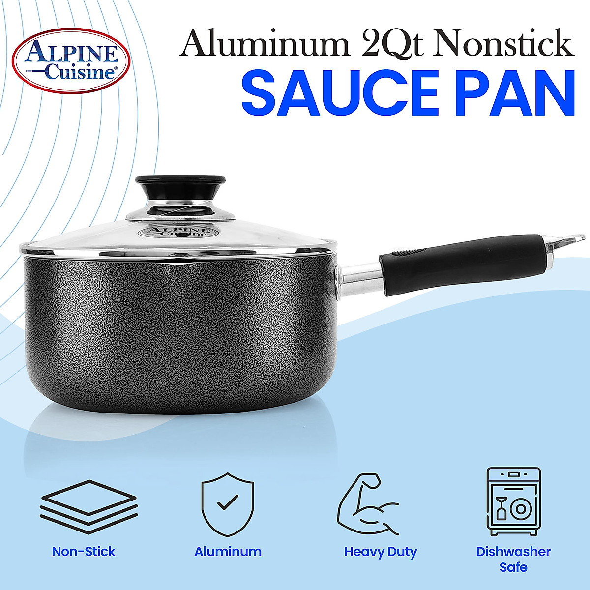 Alpine Cuisine Sauce Pan 2 Quart Nonstick Coating Soft Touch Bakelite Handle with Glass Lid, Nonstick Sauce Pans for All Stoves, Multipurpose Use for Home Kitchen & Restaurant - Dishwasher Safe