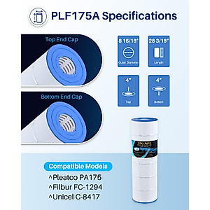 POOLPURE PLF175A Pool Filter Replaces Hayward C1750, CX1750RE, PA175, Ultral-B4, Unicel C-8417, Filbur FC-1294, Sta-Rite PXC175, 817-0175P, L x OD: 28 3/16" x8 15/16", 175 sq.ft Cartridge
