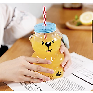 Kawaii Bear Sippy Cup 19oz Clear Bear Glass Cup with Lid and Straw Cute Kawaii Bear Glass Bottle Mug for Juice Milk Tea Smoothies Infused Water Beverage Food Grade Microwave Safe (Smiling Bear)