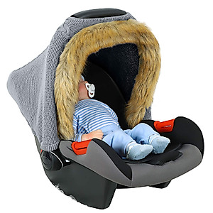 Yinuoday Baby Car Seat Cover with Faux Fur Hem Winter Knitted Stretchy Infant Stroller Cover Carseat Canopy for Boy Girl Indoor Outdoor