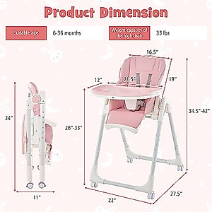 HONEY JOY High Chair with Wheels, Foldable Highchair for Babies and Toddlers, 6 Adjustable Heights, 3 Recline Backrest & Footrest, Double Tray, Quick Fold Portable Highchairs for Boys Girls(Pink)