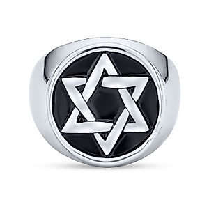 Bling Jewelry Personalize Large Statement Religious Magen Judaic Hanukkah Star of David Bar Mitzvah Round Signet Band Ring for Men Enamel Silver Tone Stainless Steel