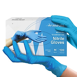 FifthPulse Blue Nitrile Medical Gloves Medium, 100 Count - Surgical Grade Latex Free Disposable Gloves Medium Rubber Gloves (Guantes Desechables)
