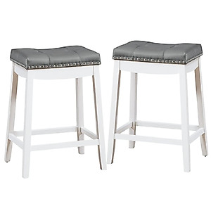 ERGOMASTER Bar Stools Set of 2-24 Inch Counter Stools Height Solid Wood Legs Espresso with Gray PU Cushion for Kitchen Living Room and Bar - White Legs