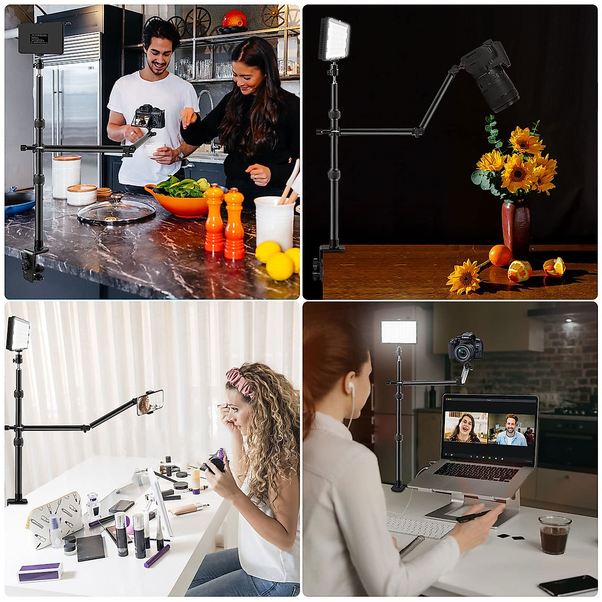 Obeamiu Desk Mount Stand with 27'' Auxiliary Holding Arm, Detachable 2-Section Magic Arm Overhead Light Stand, 16.7-40.1 in Tabletop Stand for DSLR Camera/Fill Light/Live Streaming/Webcam