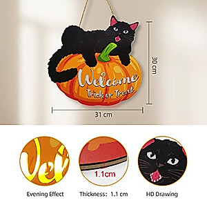 Halloween Decorations, Trick or Treat Sign for Front Door Decor with Light, Wooden Door Hanging Decor with black cat on pumpkin for Home Office School Party Haunted House