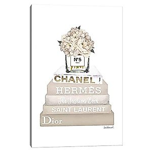 iCanvas GRE245 Cream, Champagne, and Gold Bookstack Topped by Vase with White Peony Canvas Print by Amanda Greenwood, 26" x 18" x 1.5" Depth Gallery Wrapped