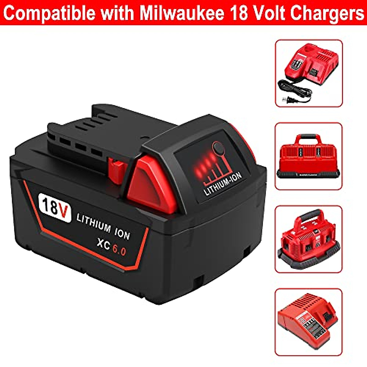 Rocivic 2 Packs 6.0Ah Replace for Milwaukee 18V Battery, Compatible with Milwaukee 18 Volt M18 48-11-1820 48-11-1812 48-11-1850 48-11-1828 48-11-1828 48-11-1815 Cordless Power Tools