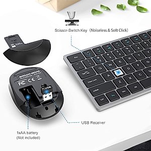Wireless Keyboard and Mouse Combo, WisFox 2.4G Full-Size Slim Thin Wireless Keyboard Mouse for Windows, Computer, Desktop, PC, Laptop Mac (Silver and Gray)