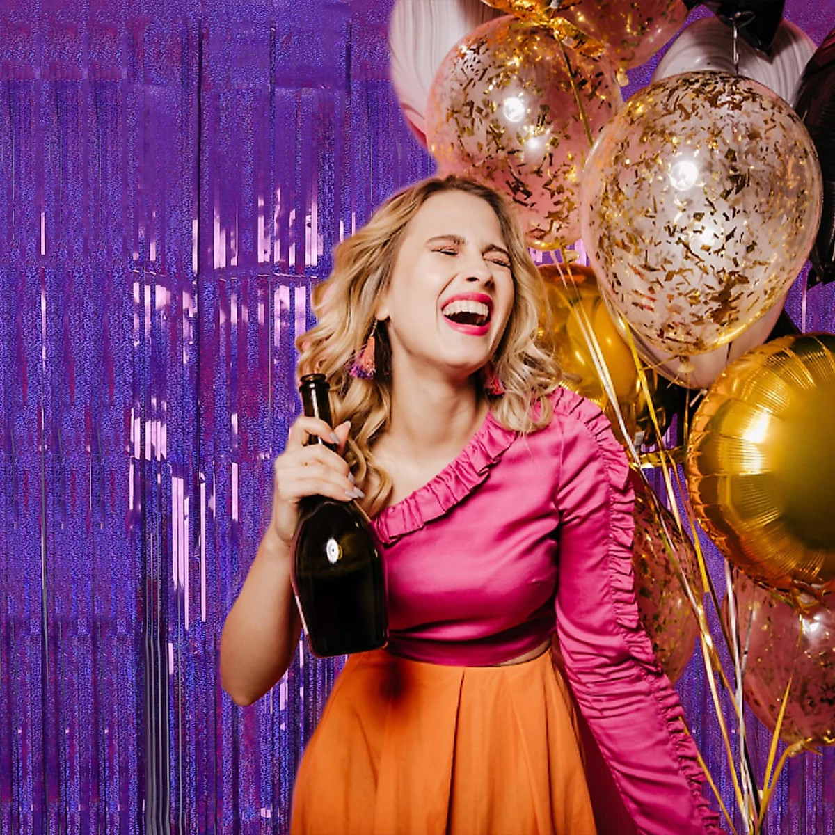 2 Pack 3.2ft x 8.2ft Purple Metallic Tinsel Foil Fringe Curtains, Large Photo Booth Backdrop Streamer Curtain for Party Door Wall Curtains Wedding Bachelorette Birthday Christmas New Year Decorations