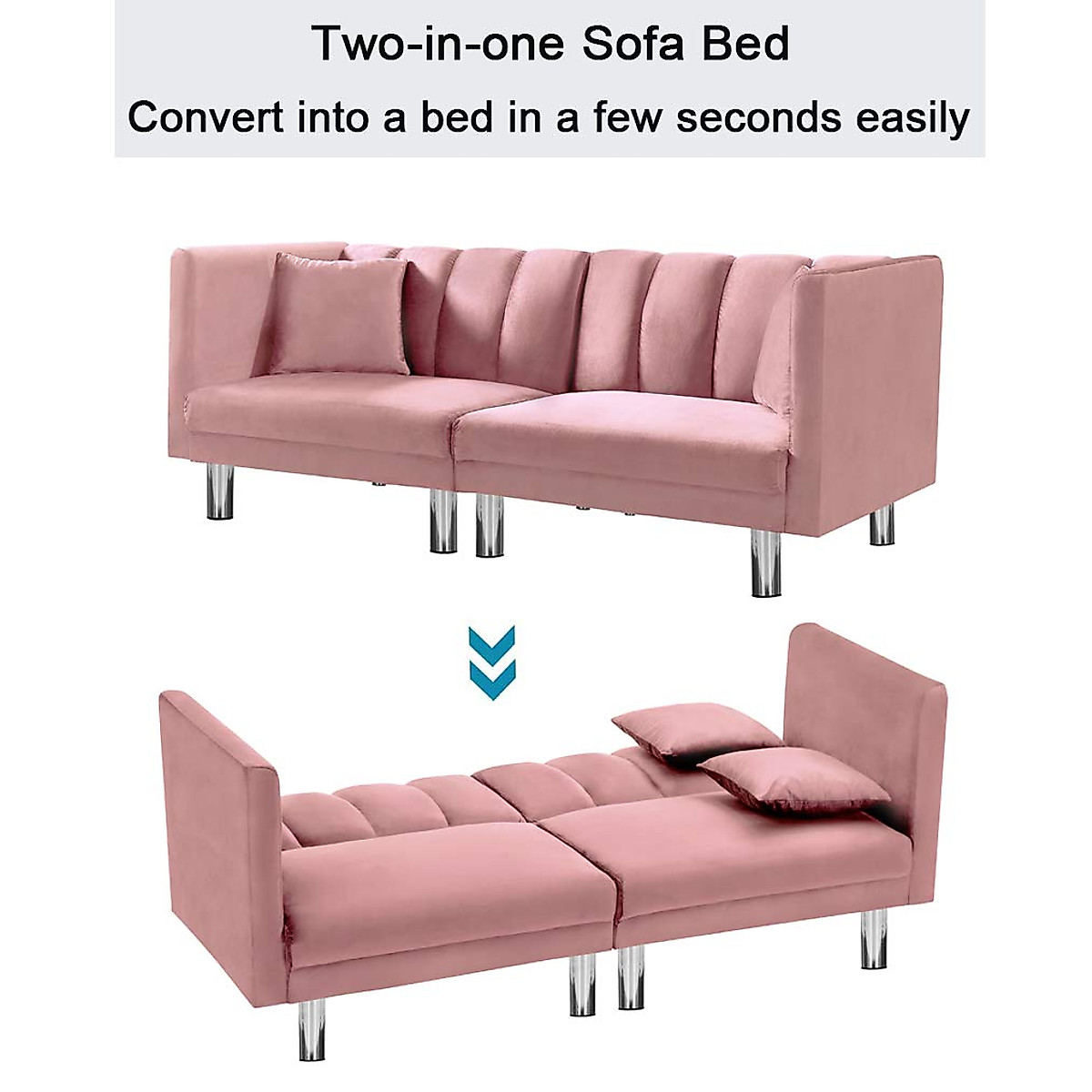 SLEERWAY Velvet Futon Sofa Bed with Two Pillows, Modern Sleeper Sofa Couch with 3 Adjustable Angles, Convertible Small Loveseat for Living Room, Pink