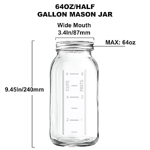 Xylanor 64 OZ Wide Mouth Mason Jars with Lids, Heavy Duty Glass Airtight Storage Canning Jar and Band Half Gallon / 2 Quart, Set of 3