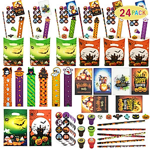 Keenvark 168 PCS Halloween Party Favors,24 Pack Stationery Supplies Set, Halloween Treats for Kids, Halloween Goodie Bag Fillers including Pencils,Erasers,Rulers,Stickers,Stamps,Notepads and Gift Bags
