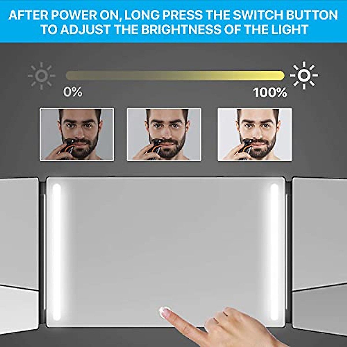SZHSTC 3 Way Mirror for Hair Cutting with Lights, 360 Trifold Mirror for Self Haircuts for Men Barber Use Hair Cutting Tools to See Back of Head with Adjustable Portable Hooks