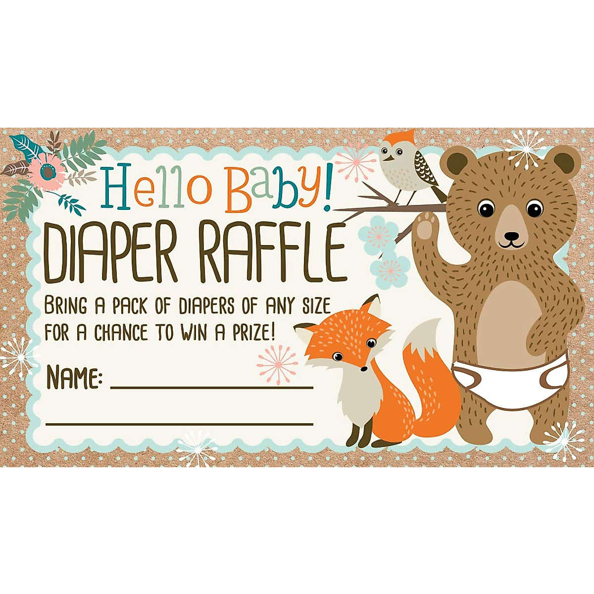 Diaper Raffle Tickets - Woodland Animals Card, Cute Fun Animals and Colorful Baby Shower Games Raffle Sign and Ticket, Gender Neutral, Baby Party Decorations, Set of 50 Double Sided Raffle Cards
