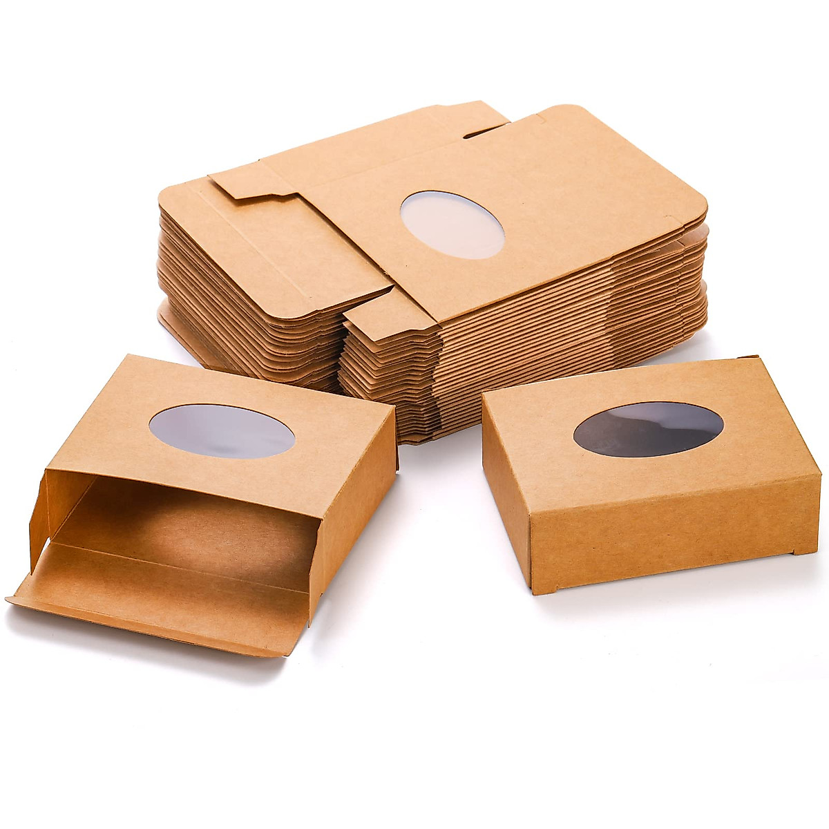 SOUJOY 100 Pack Soap Boxes for Handmade Soap, Paper Treat Boxes with Clear Window, Kraft Soap Making Supplies Packaging for Bakery, Candy, Jewelry, Party Treats