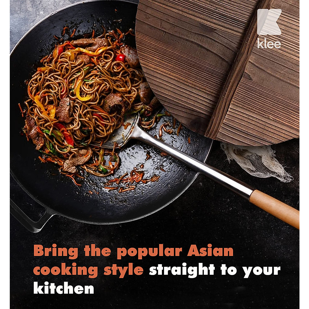 Klee Pre-Seasoned Cast Iron Wok Pan with Wood Wok Lid and Handles - 14" Large Wok Pan with Flat Base and Non-Stick Surface for Deep Frying, Stir-Frying, Grilling, Steaming - Stovetop and Oven Safe